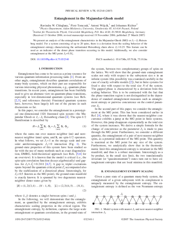 (PDF) Entanglement in the Majumdar-Ghosh model | Piotr Tomczak ...