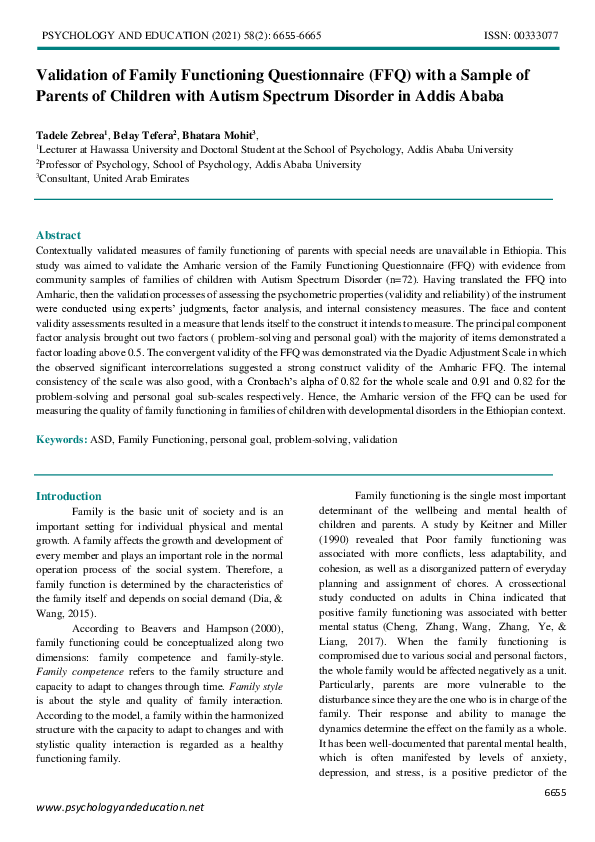 (PDF) Validation of Family Functioning Questionnaire (FFQ) with a ...