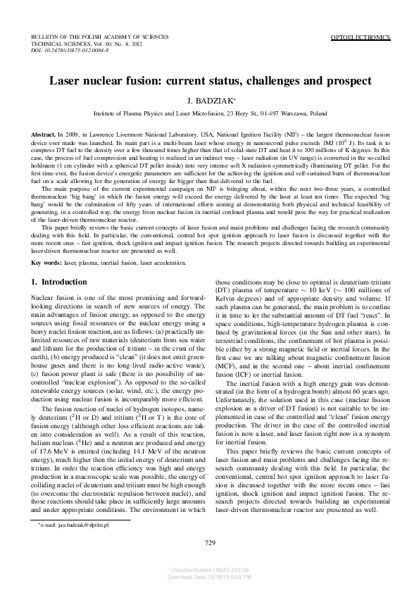 (PDF) Laser nuclear fusion: current status, challenges and prospect