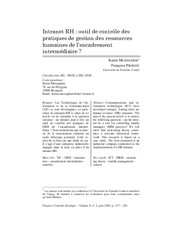 (PDF) Intranet RH:outil de contrôle des pratiques de gestion des ...