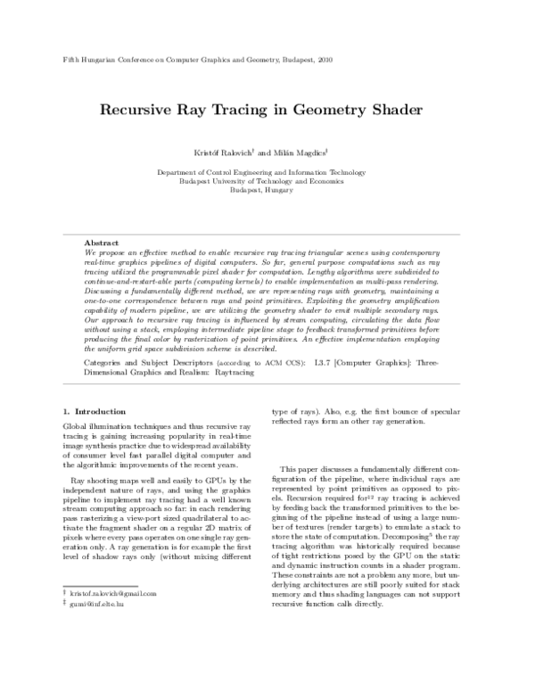 (PDF) Recursive Ray Tracing in Geometry Shader | Milan Magdics - Academia.edu