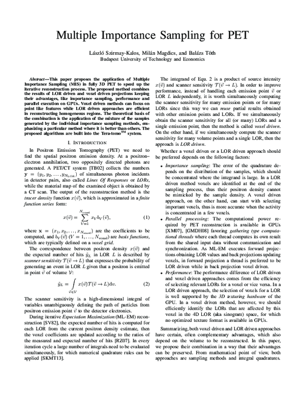 (PDF) Improving 3D PET Reconstruction with Multiple Importance Sampling