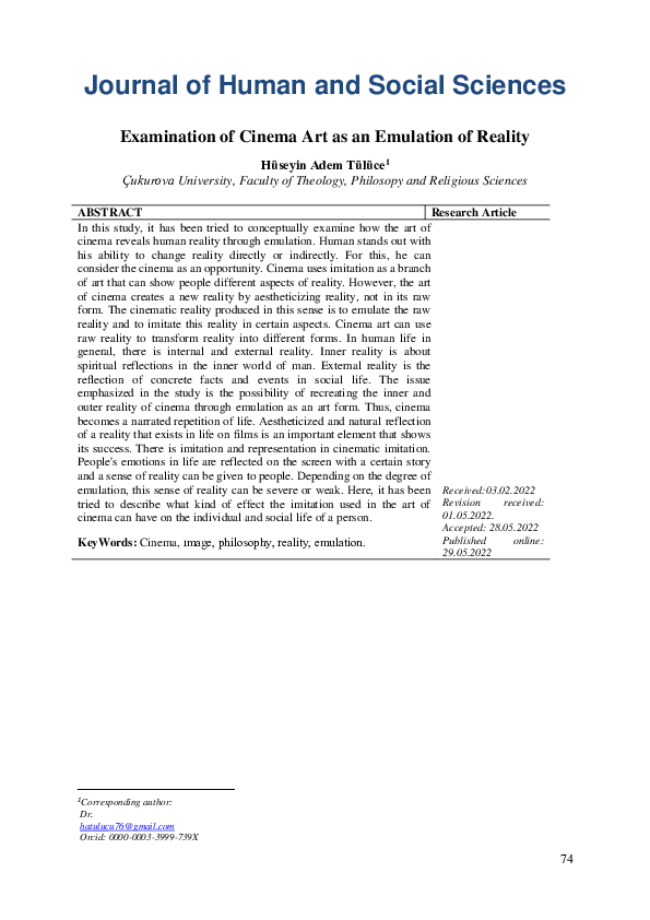 (PDF) Examination of Cinema Art as an Emulation of Reality