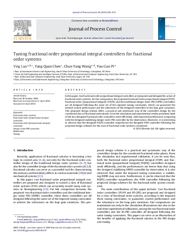 Pdf Tuning Fractional Order Proportional Integral Controllers For Fractional Order Systems