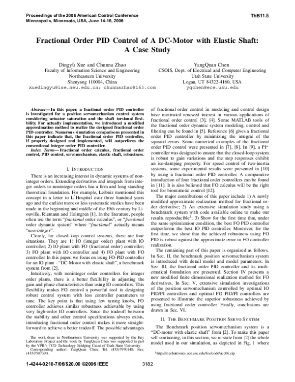 (PDF) Fractional order PID control of a DC-motor with elastic shaft: a case study