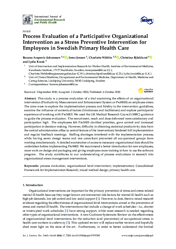 (PDF) Process Evaluation of a Participative Organizational Intervention ...