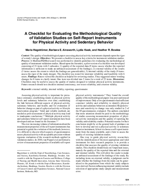 (PDF) A Checklist for Evaluating the Methodological Quality of Validation Studies on Self-Report ...