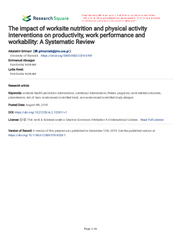 (PDF) The impact of worksite nutrition and physical activity interventions on productivity, work ...