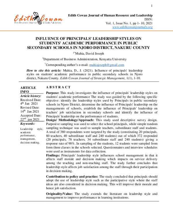 (PDF) Influence of Principals' Leadership Styles on Students' Academic Performance in Public ...