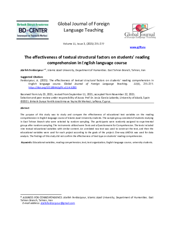 (PDF) The effectiveness of textual structural factors on students' reading comprehension in ...