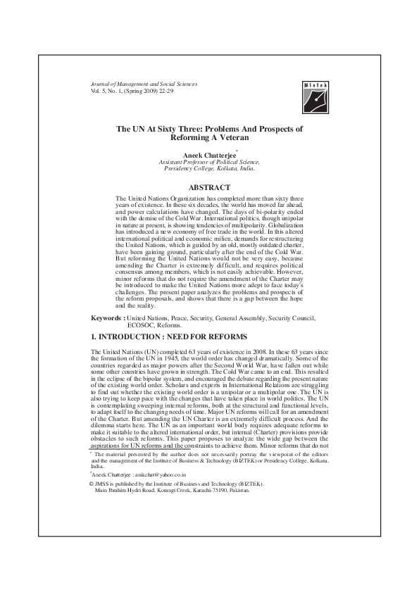 (PDF) The Un at Sixty Three: Problems and Prospects of Reforming a Veteran