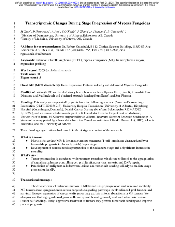 (PDF) Transcriptomic changes during stage progression of mycosis fungoides