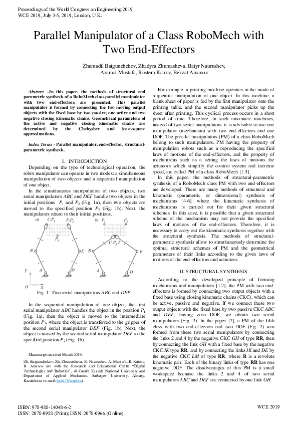 (PDF) Parallel Manipulator of a Class RoboMech with Two End-Effectors