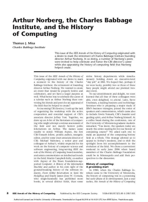 (PDF) Arthur Norberg, the Charles Babbage Institute, and the History of ...