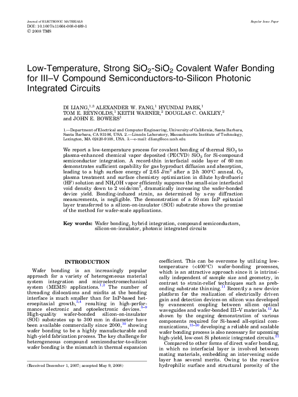 (PDF) Low-Temperature, Strong SiO2-SiO2 Covalent Wafer Bonding for III ...