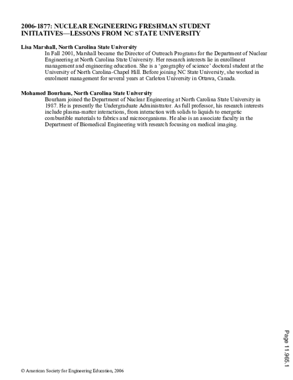 (PDF) Nuclear Engineering Freshman Student Initiatives—Lessons From Nc ...