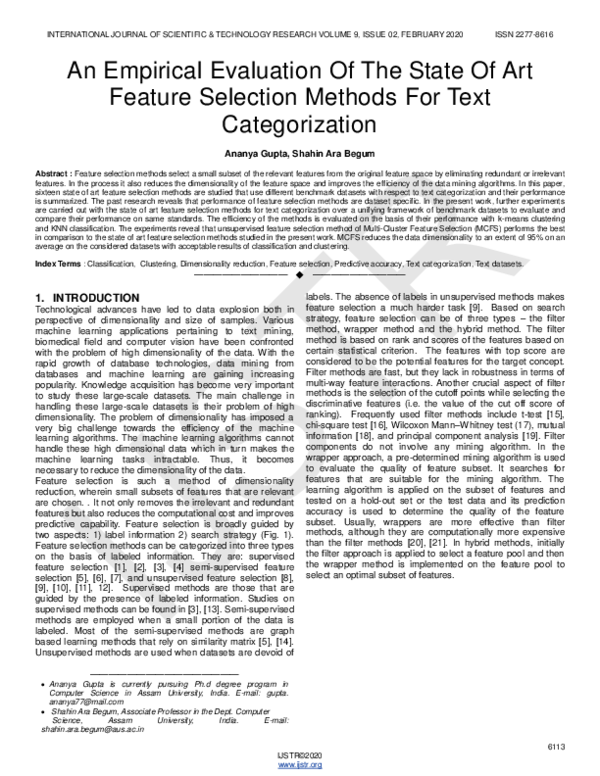 (PDF) An Empirical Evaluation Of The State Of Art Feature Selection Methods For Text Categorization