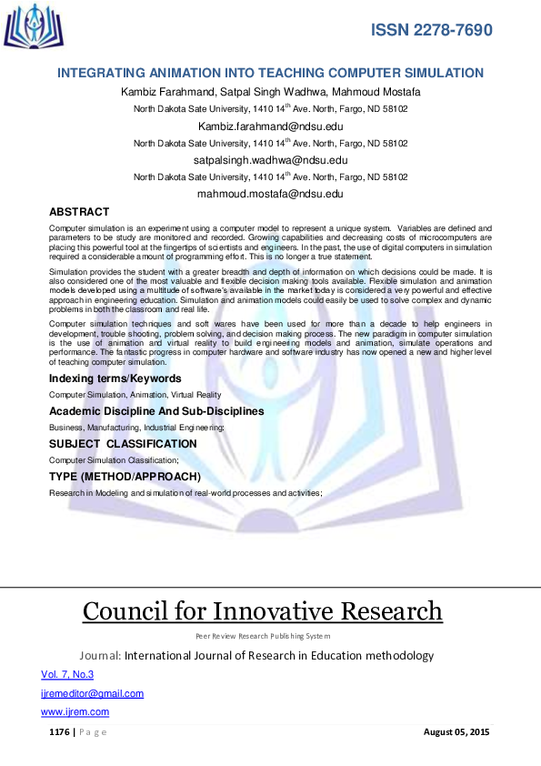 (PDF) Integrating Animation Into Teaching Computer Simulation