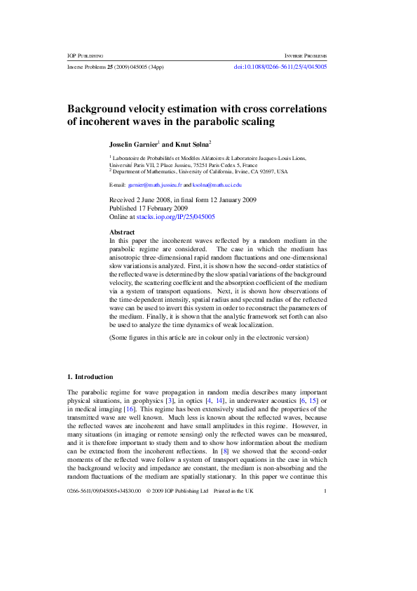 Pdf Background Velocity Estimation With Cross Correlations Of Incoherent Waves In The