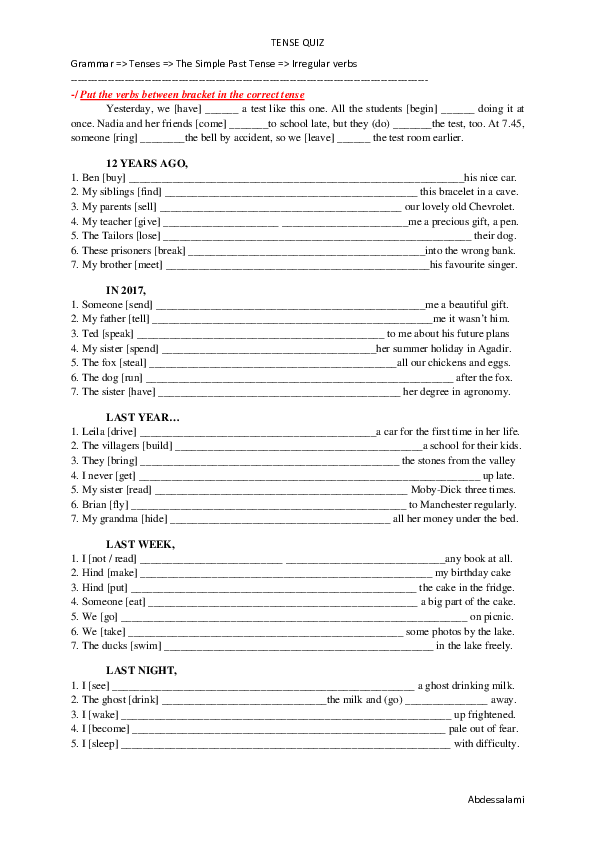 (PDF) Tense Quizzes - The simple past 2