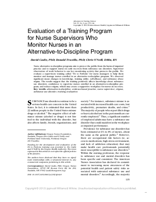 (PDF) Evaluation of a Training Program for Nurse Supervisors Who ...