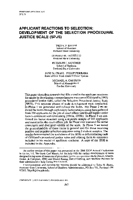 Pdf Applicant Reactions To Selection Development Of The Selection Procedural Justice Scale
