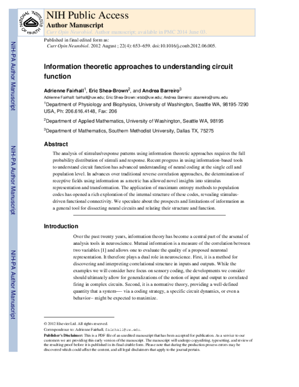 (PDF) Information theoretic approaches to understanding circuit function