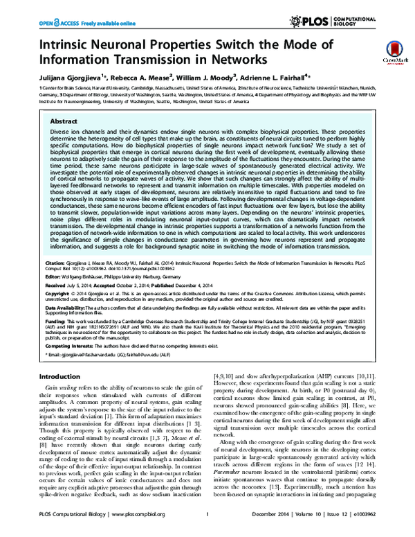 (PDF) Intrinsic Neuronal Properties Switch the Mode of Information Transmission in Networks