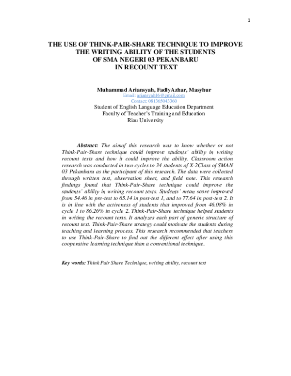 (PDF) The Use of Think-Pair-Share Technique to Improve the Writing Ability of the Students of ...