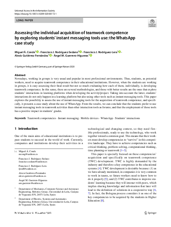 (PDF) Assessing the individual acquisition of teamwork competence by exploring students’ instant ...
