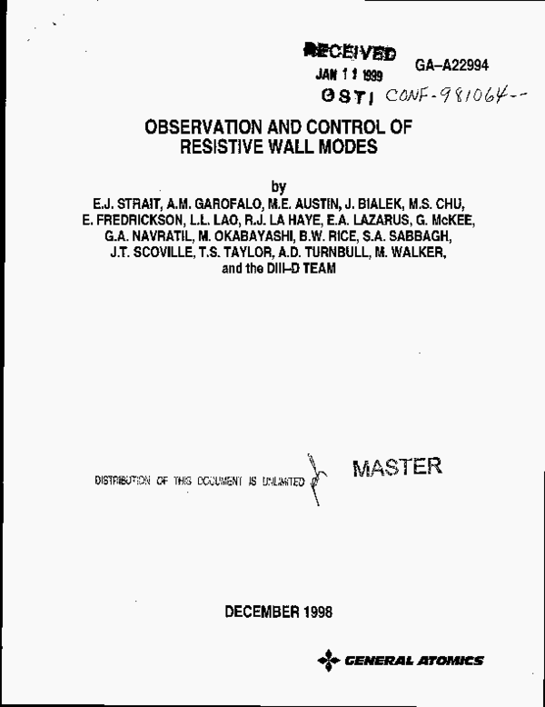(PDF) Observation and control of resistive wall modes