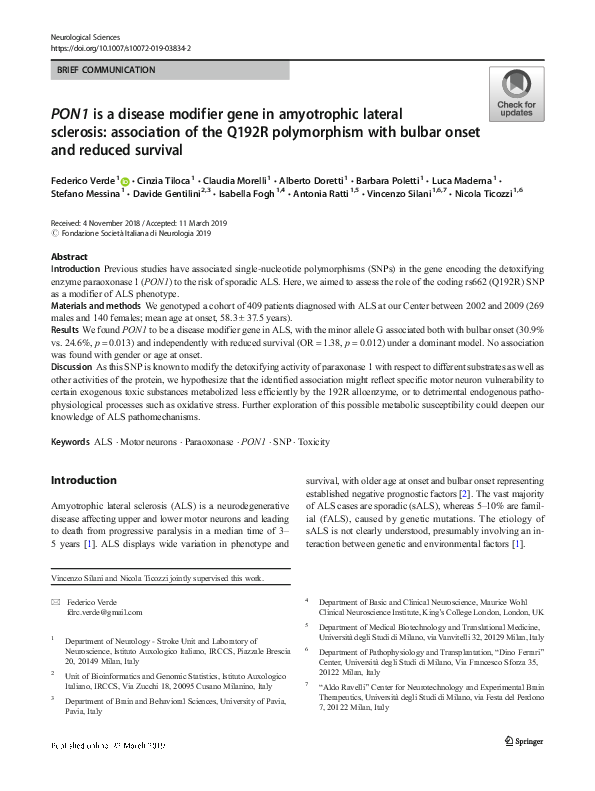 (PDF) PON1 Polymorphism Links ALS Bulbar Onset & Survival