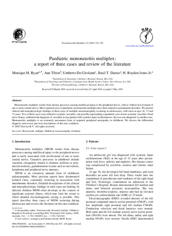 (PDF) Paediatric mononeuritis multiplex: a report of three cases and ...