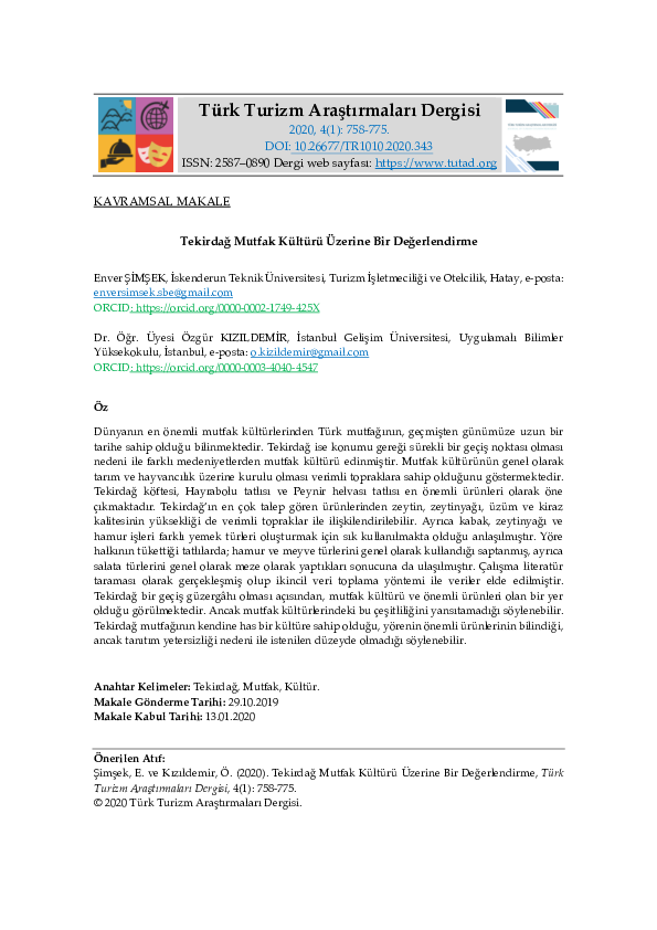 (PDF) Tekirdağ Mutfak Kültürü Üzerine Bir Değerlendirme
