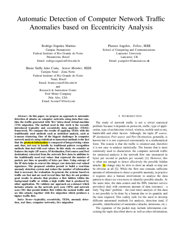 Pdf Automatic Detection Of Computer Network Traffic Anomalies Based On Eccentricity Analysis