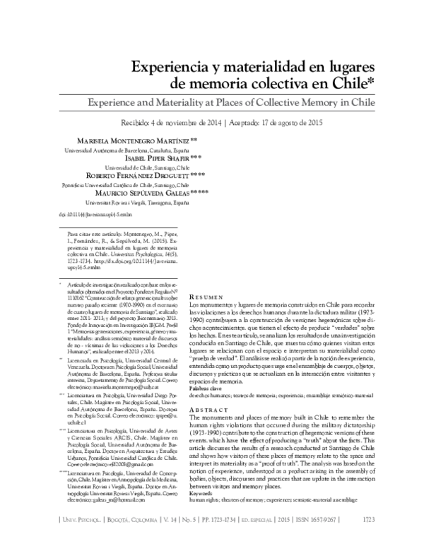 (PDF) Experiencia y materialidad en lugares de memoria colectiva en Chile