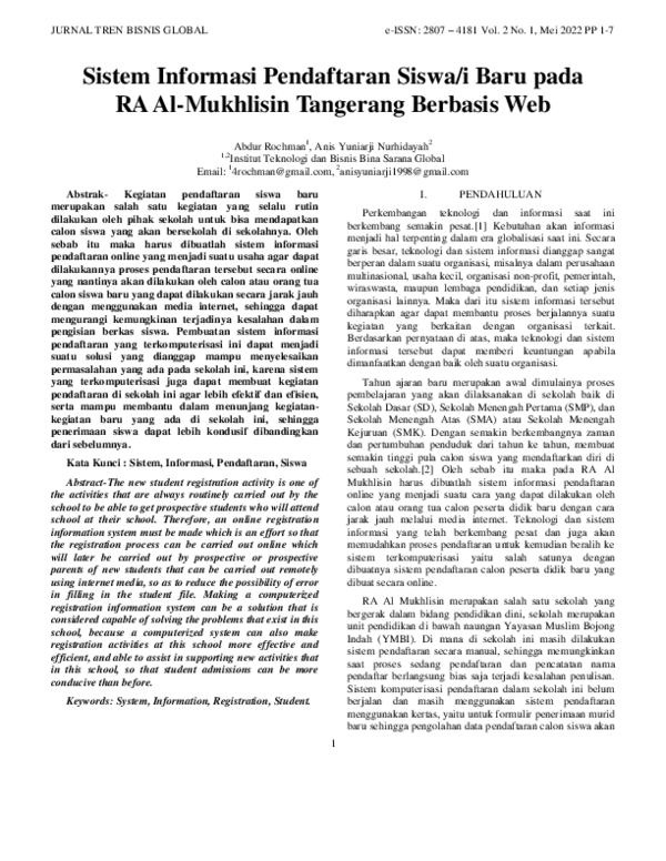 (PDF) Sistem Informasi Pendaftaran Siswa/i Baru pada RA Al-Mukhlisin Tangerang Berbasis Web