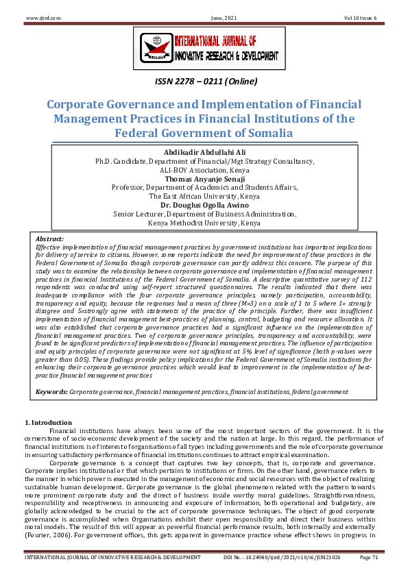 (PDF) Corporate Governance and Implementation of Financial Management ...