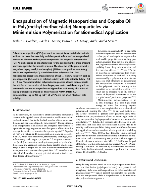 (PDF) Encapsulation of Magnetic Nanoparticles and Copaíba Oil in Poly ...