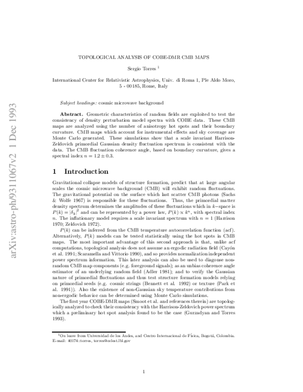 (PDF) Topological Analysis of COBE-DMR CMB Maps