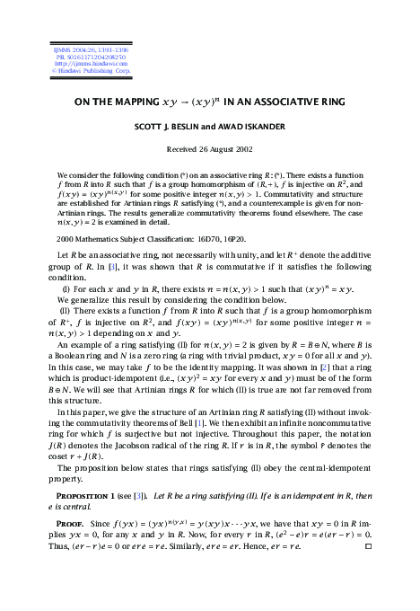 (PDF) On the mapping xy→(xy)n in an associative ring