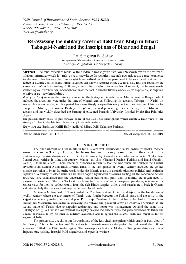 (PDF) Re-assessing the military career of Bakhtiyar Khilji in Bihar ...