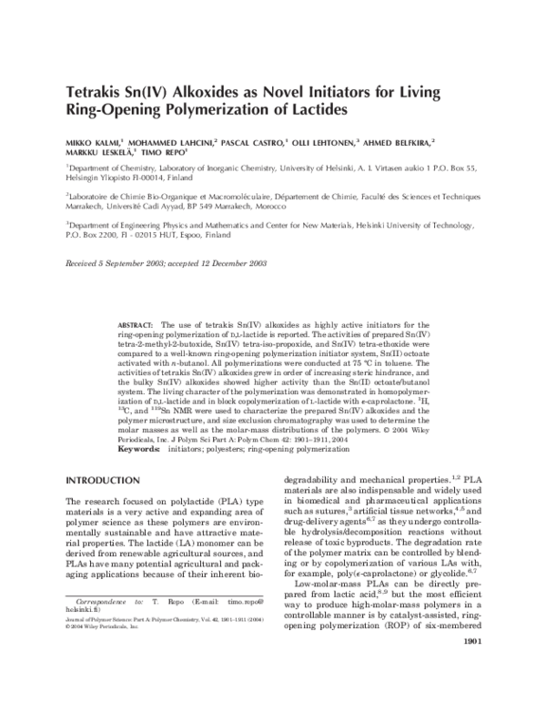 (PDF) Tetrakis Sn(IV) alkoxides as novel initiators for living ring ...