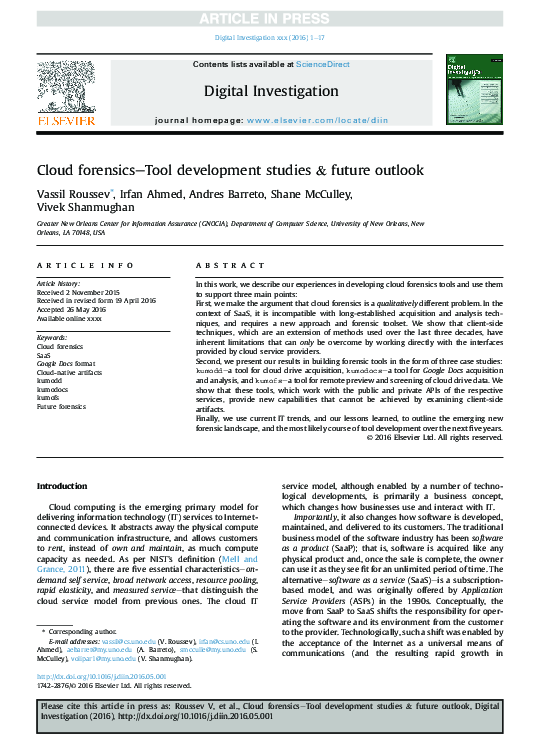 (PDF) Cloud forensics–Tool development studies & future outlook | Andres Barreto - Academia.edu