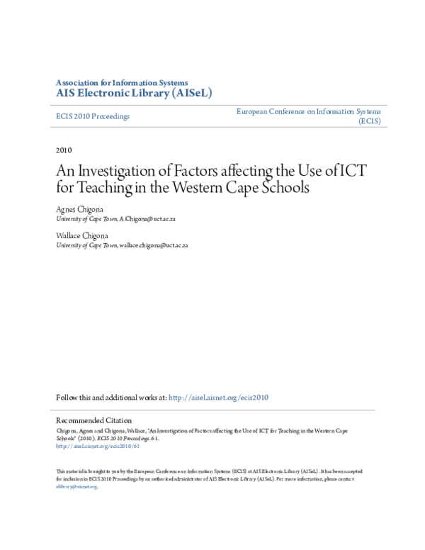 Pdf An Investigation Of Factors Affecting The Use Of Ict For Teaching In The Western Cape Schools