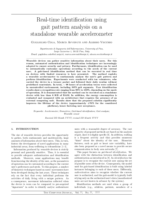 Pdf Real Time Identification Using Gait Pattern Analysis On A Standalone Wearable Accelerometer