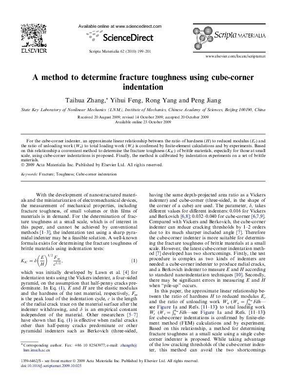 Pdf A Method To Determine Fracture Toughness Using Cube Corner Indentation Sophie Yang 