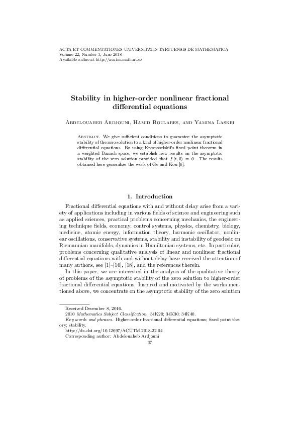 Pdf Stability In Higher Order Nonlinear Fractional Differential Equations