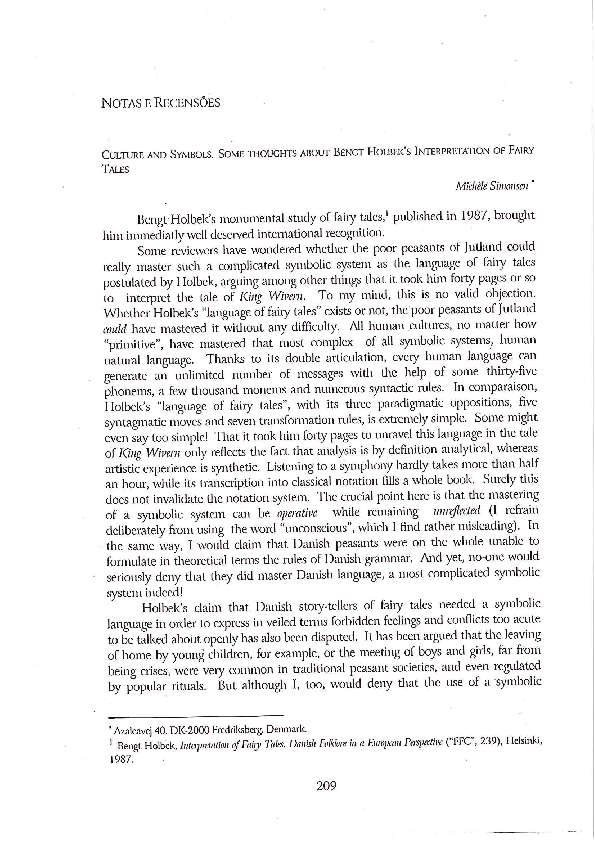 (PDF) Culture and symbols. Some thoughts about Bengt Holbek's interpretation of fairy tales