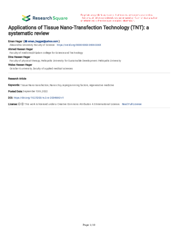 (PDF) Applications of Tissue Nano-Transfection Technology (TNT): a systematic review